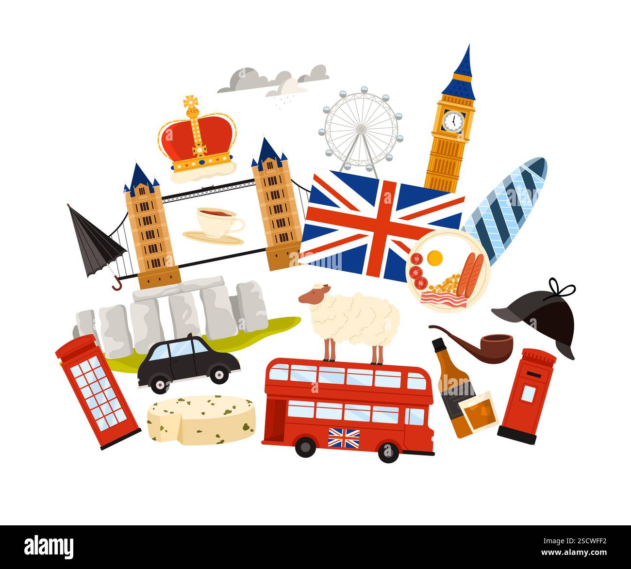 Travel to Great Britain Kingdom, London set. Famous culture elements ...