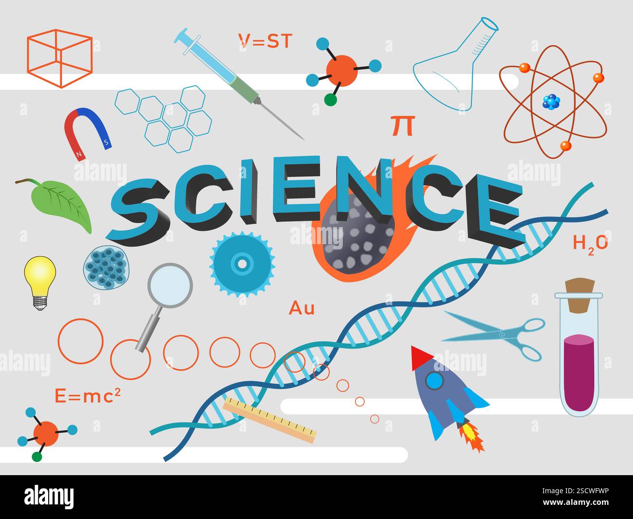 A graphic illustration on the theme of science. It includes a rocket, a ...