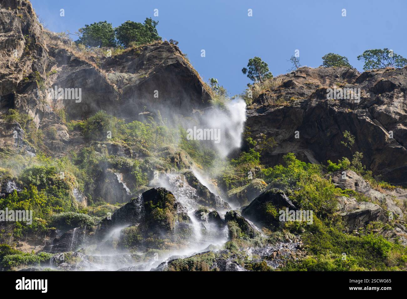 Manaslu, Nepal: Dramatic waterfall in the lower parts of the Manaslu ...