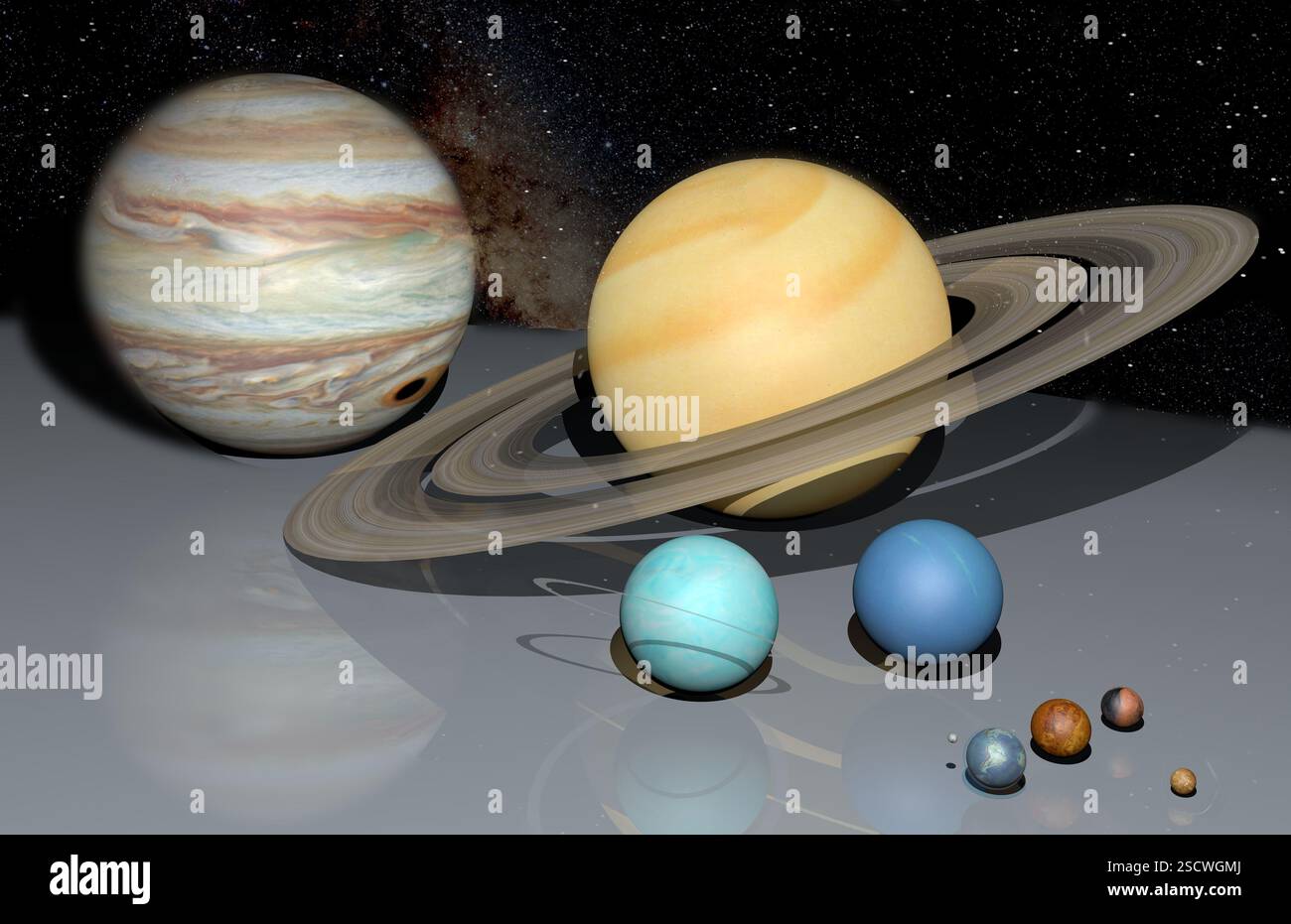 Illustration of the planets of the solar system to scale. Jupiter ...