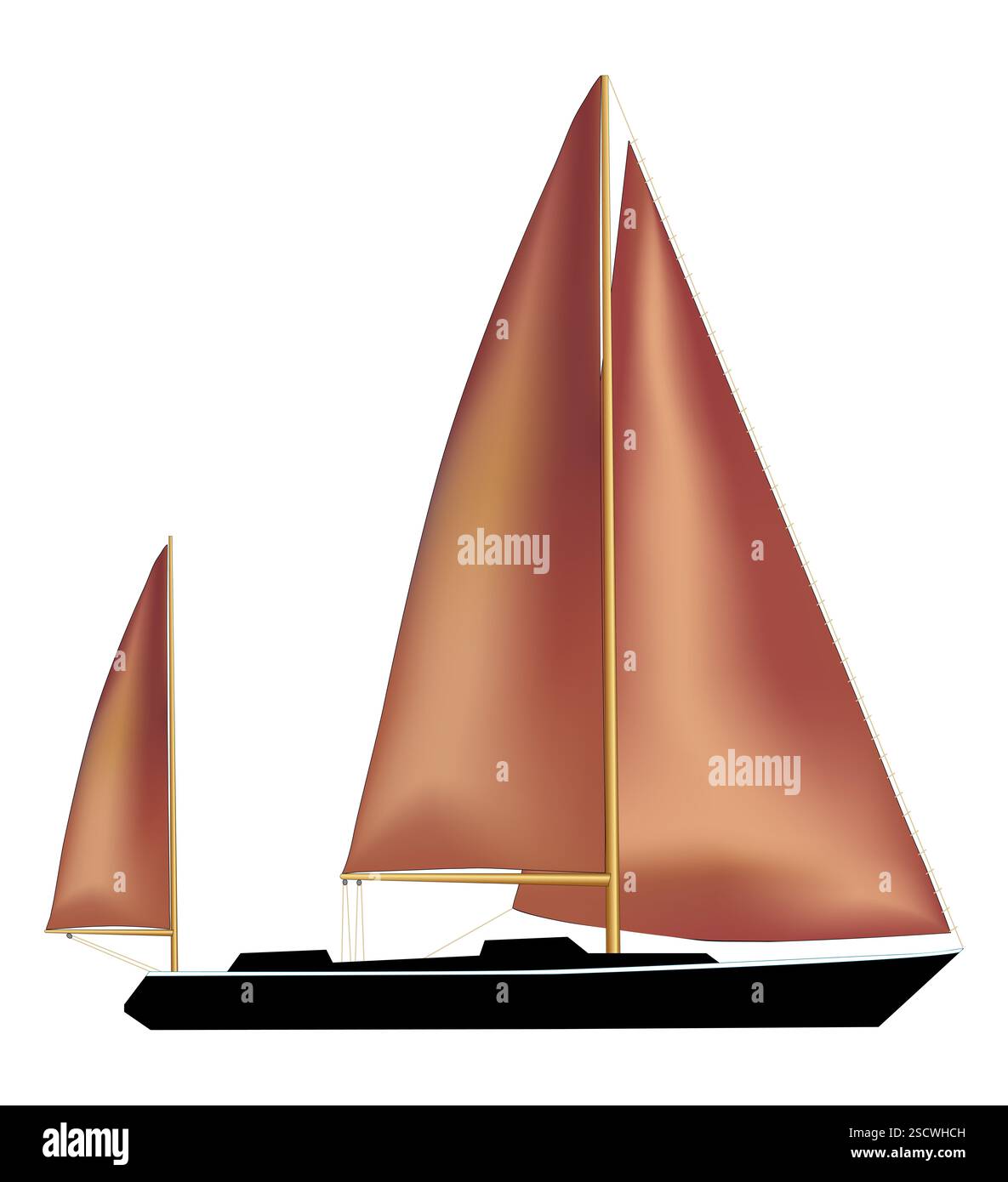 An illustration of a two-masted sailboat rigged as a yawl. A yawl features a foremast and an aft ...