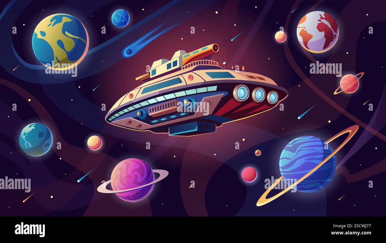 Alien spaceship flying in outer space among planets of Solar system ...