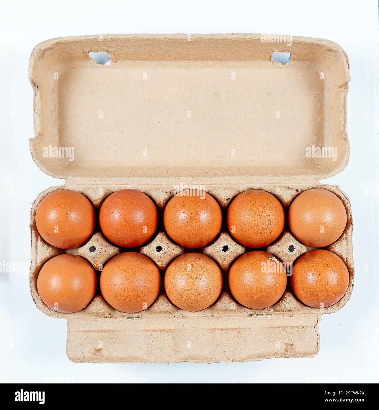 Raw organic chicken eggs in cardboard box isolated on white Stock Photo ...