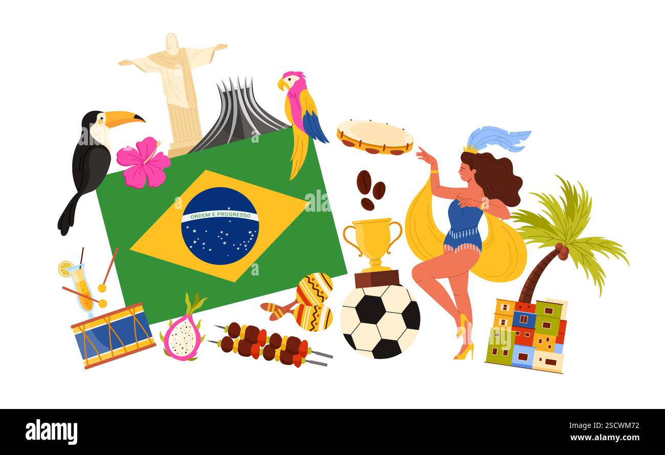 Travel to Brazil set, elements of culture and architecture, traditional ...