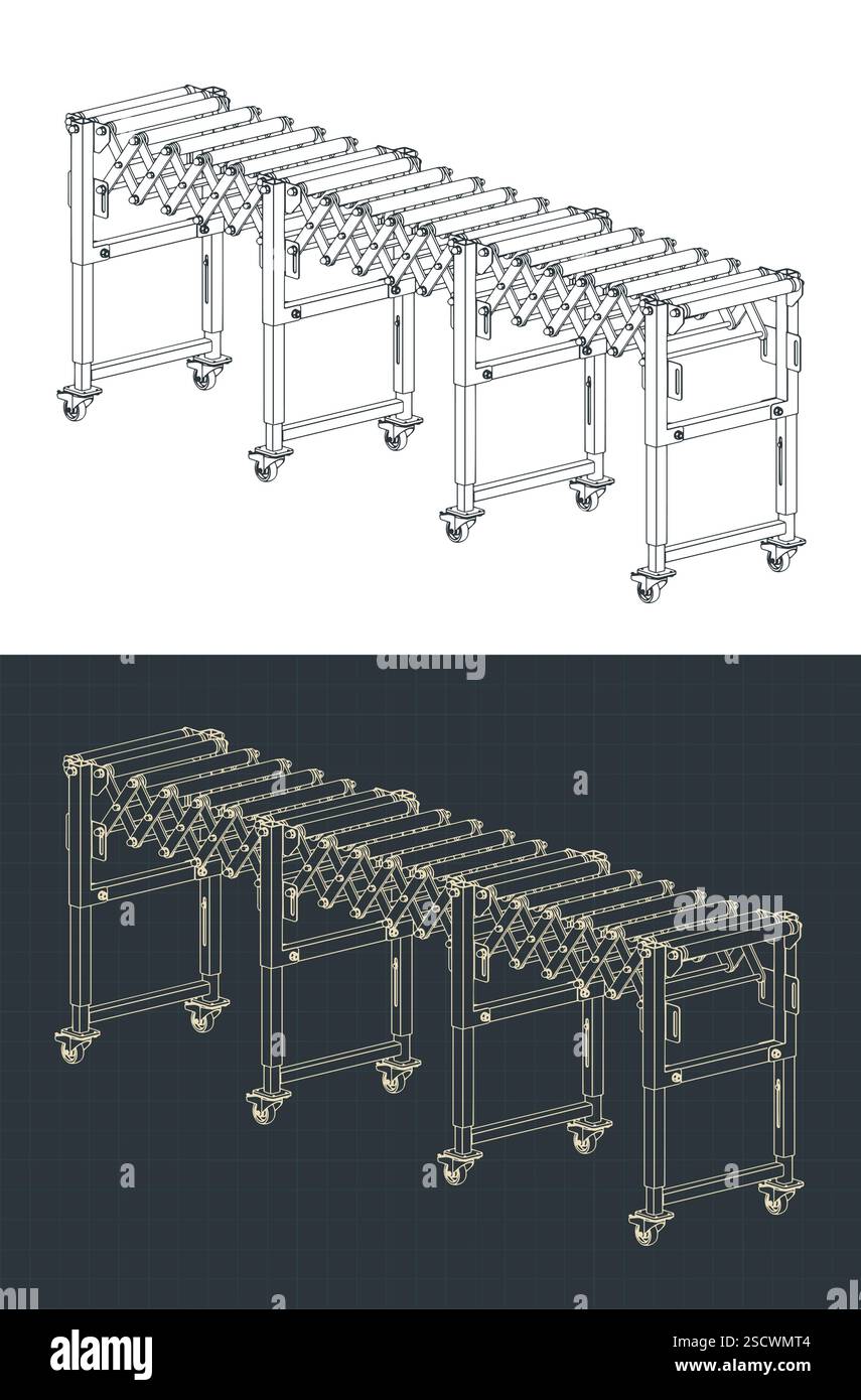 Adjustable accordion roller conveyor isometric blueprints Stock Vector ...