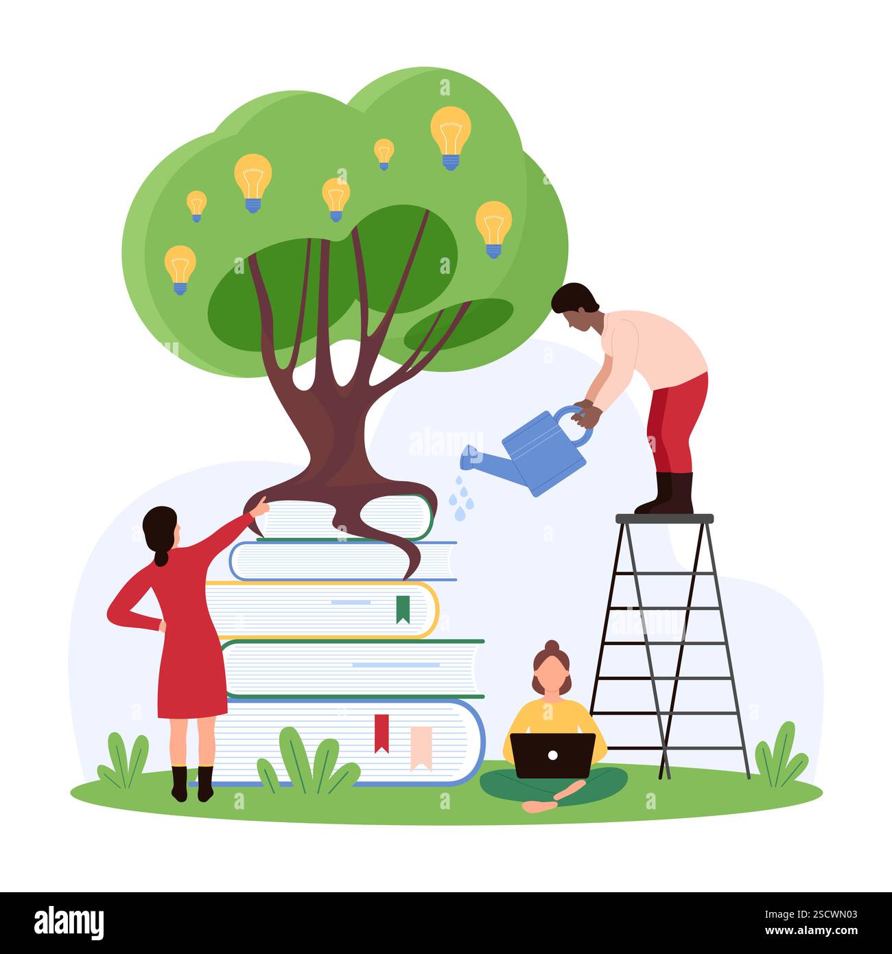 Vector illustration of tiny people nurturing education through books ...