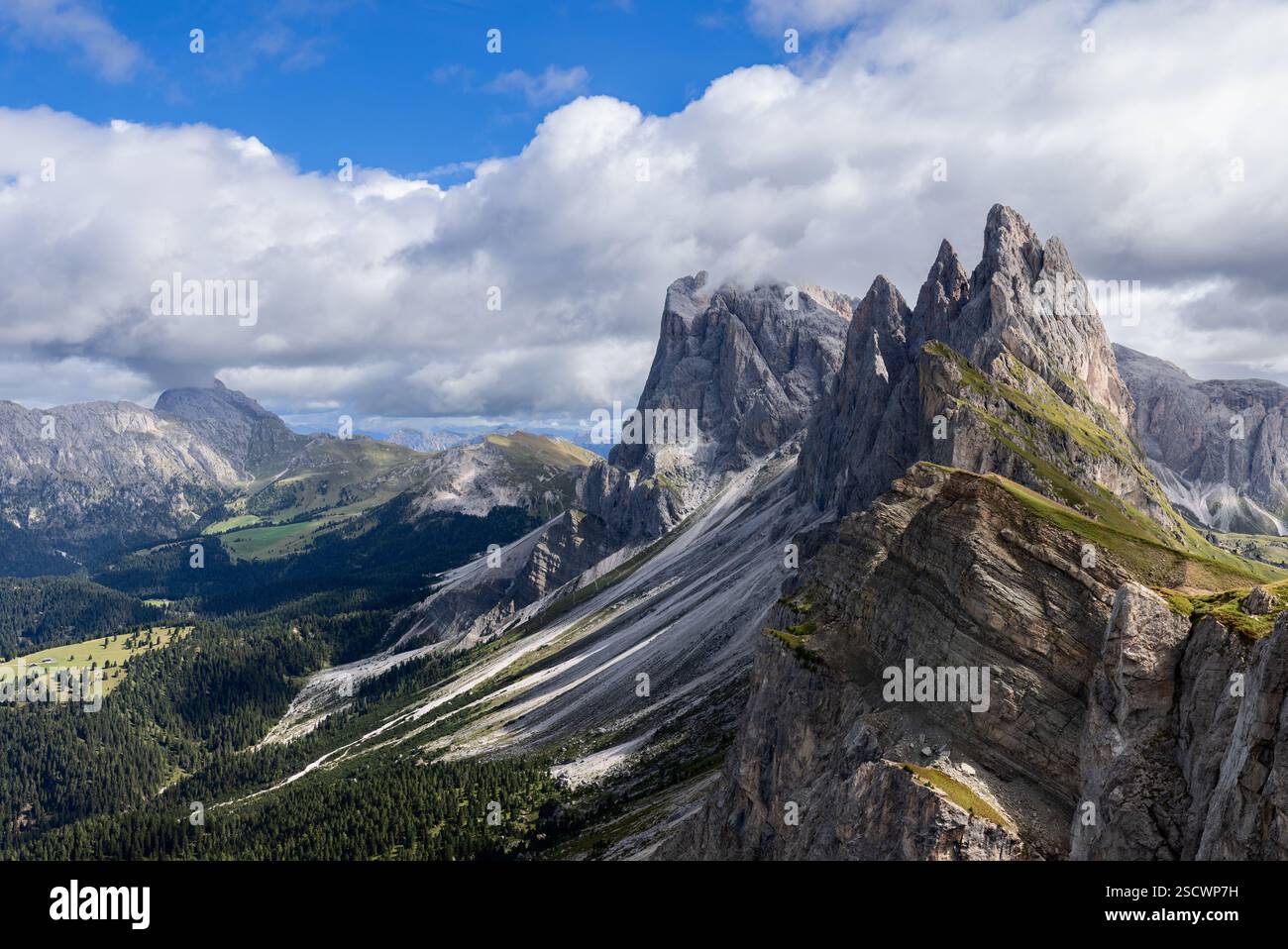 A panoramic view of Seceda in the Dolomites Italy showing the valley ...