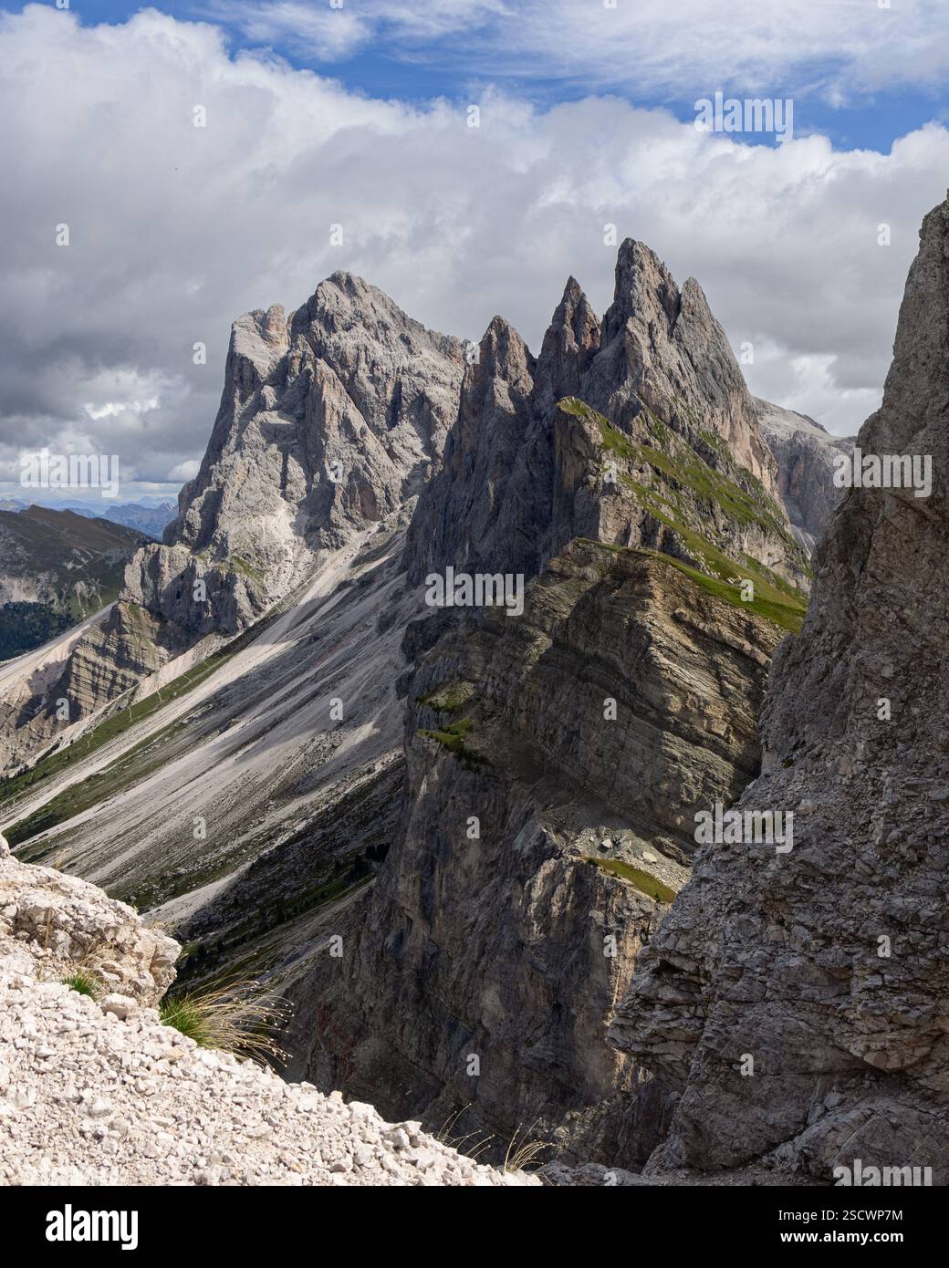 Sharp peaks of Seceda Ridge in the Dolomites, Italy, framed by steep ...