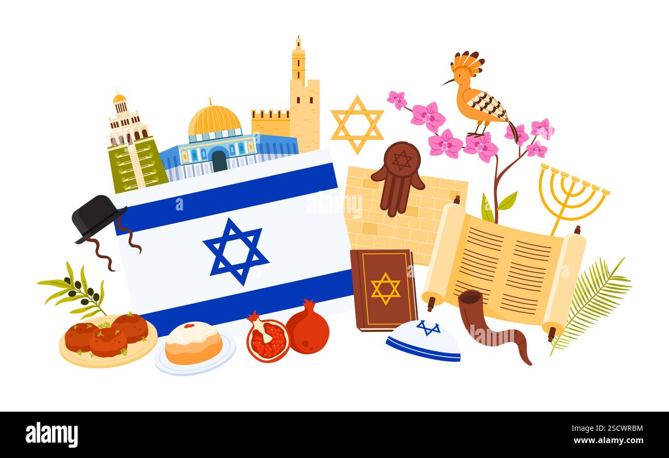 Travel to Israel, culture objects and landmarks, food and flag in ...