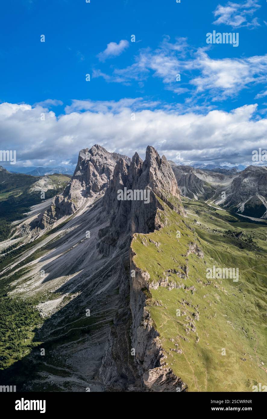 Drone vertical panorama of Seceda Ridge in the Dolomites, Italy. The ...
