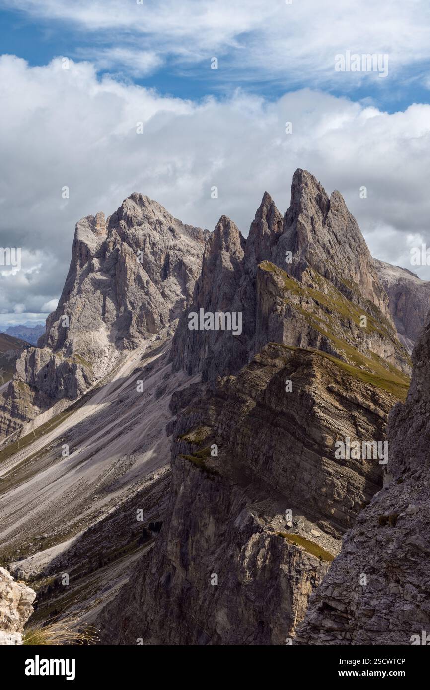 Vertical vintage photo of Seceda Ridge in the Dolomites, Italy. Jagged ...