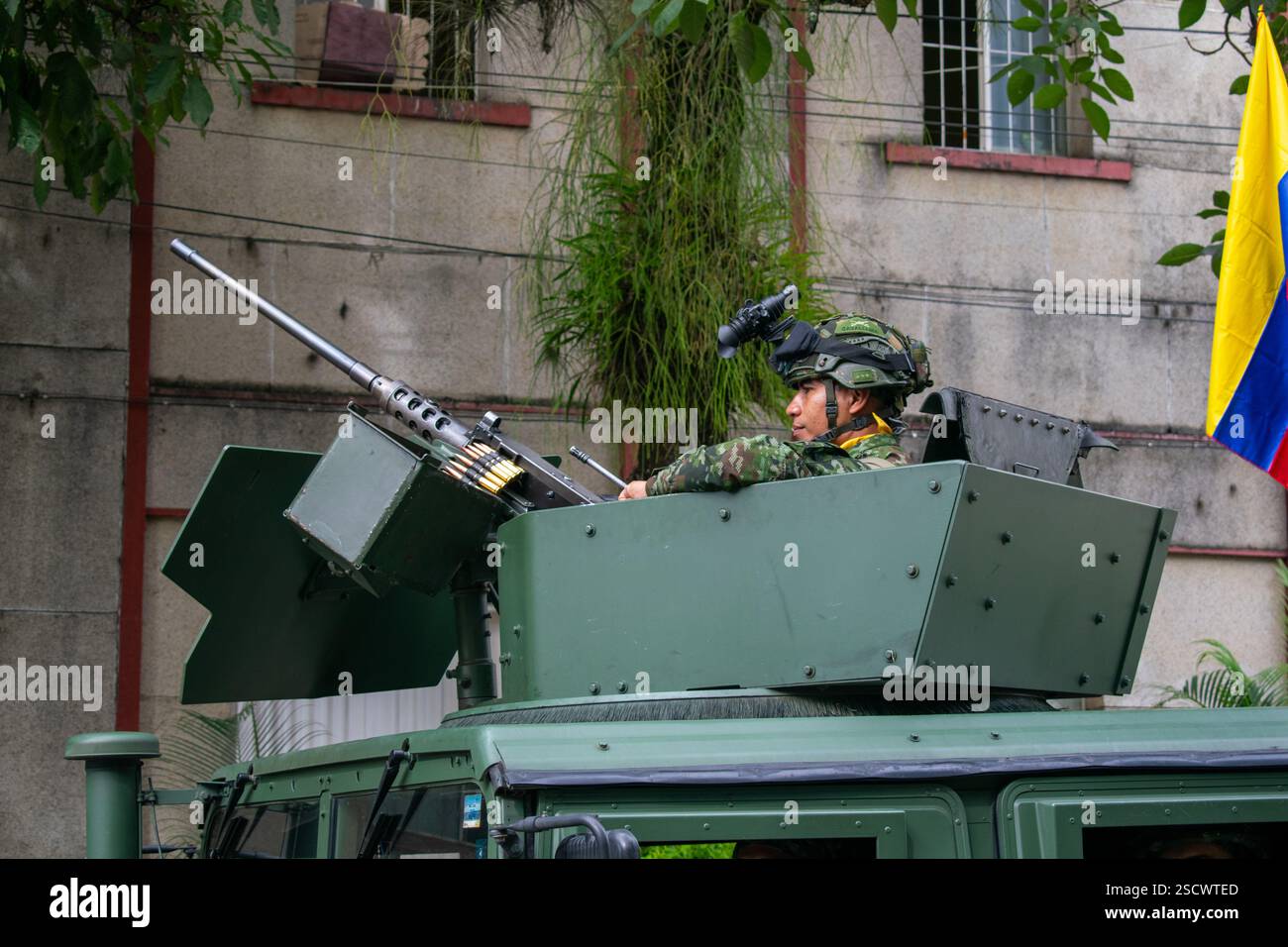 Soldiers in military vehicle with mounted machine gun, military forces ...