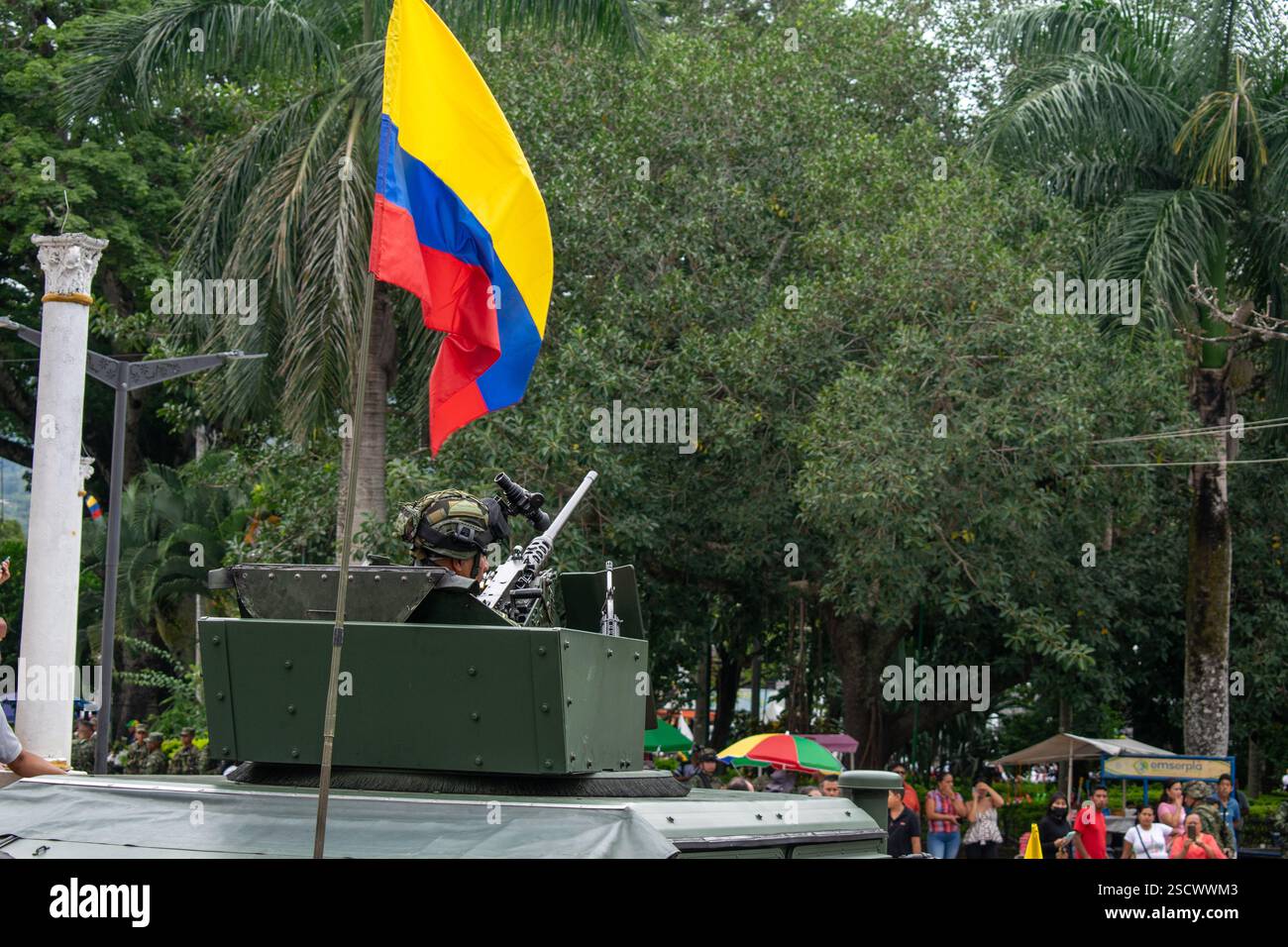 Soldiers in military vehicle with mounted machine gun, military forces ...
