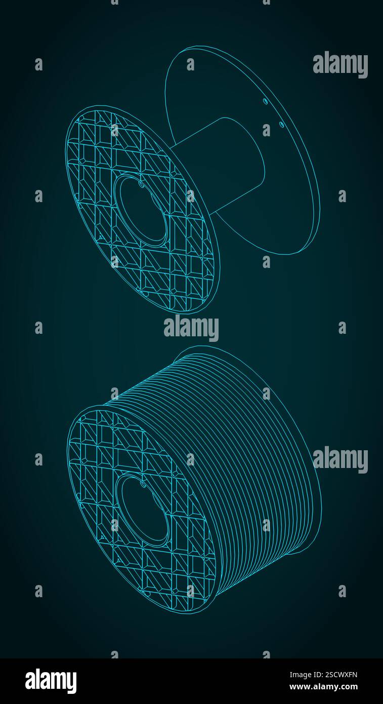 Isometric vector illustration of blueprints of cable reel with and ...