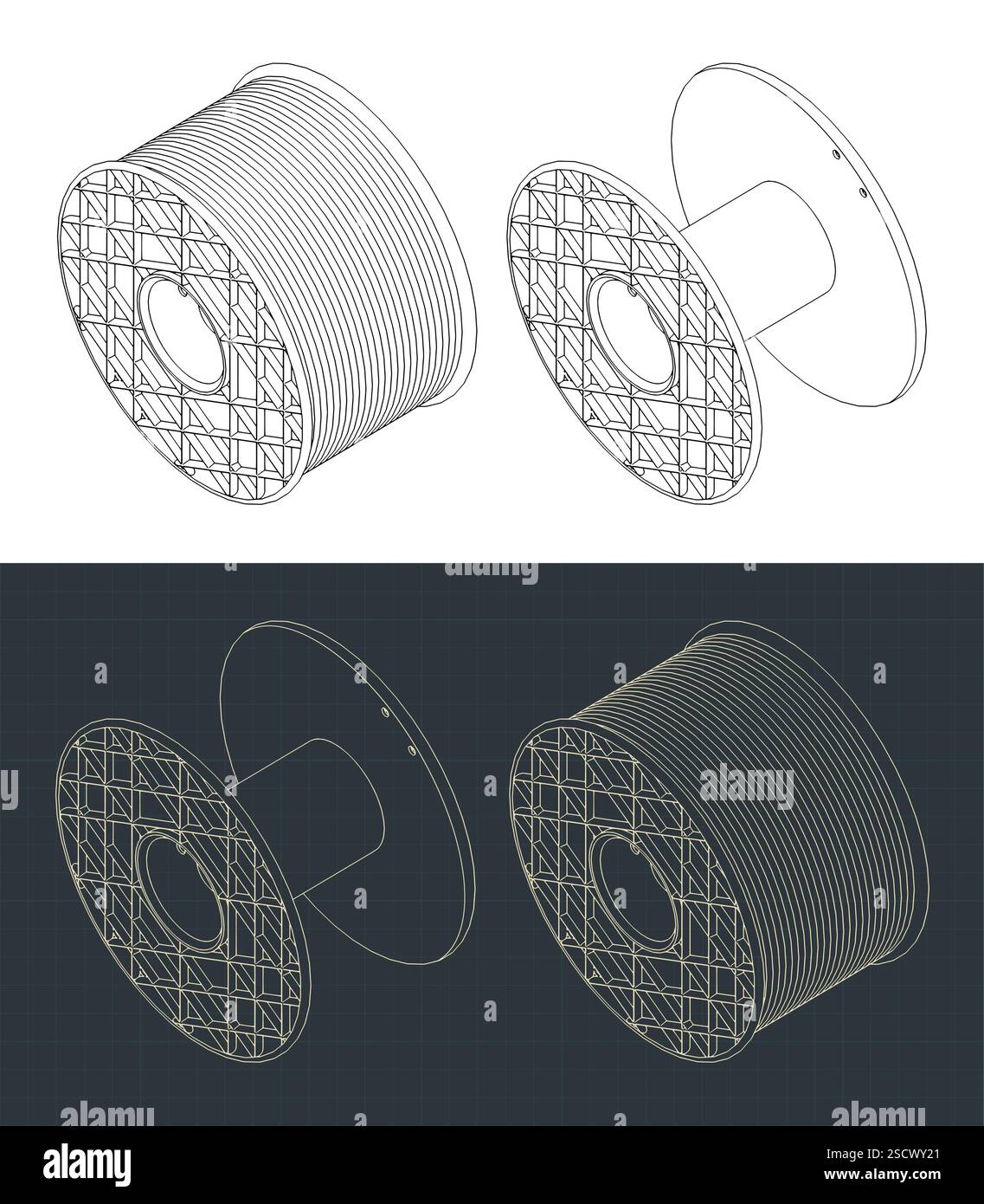 Isometric vector illustrations of blueprints of cable reel with and ...