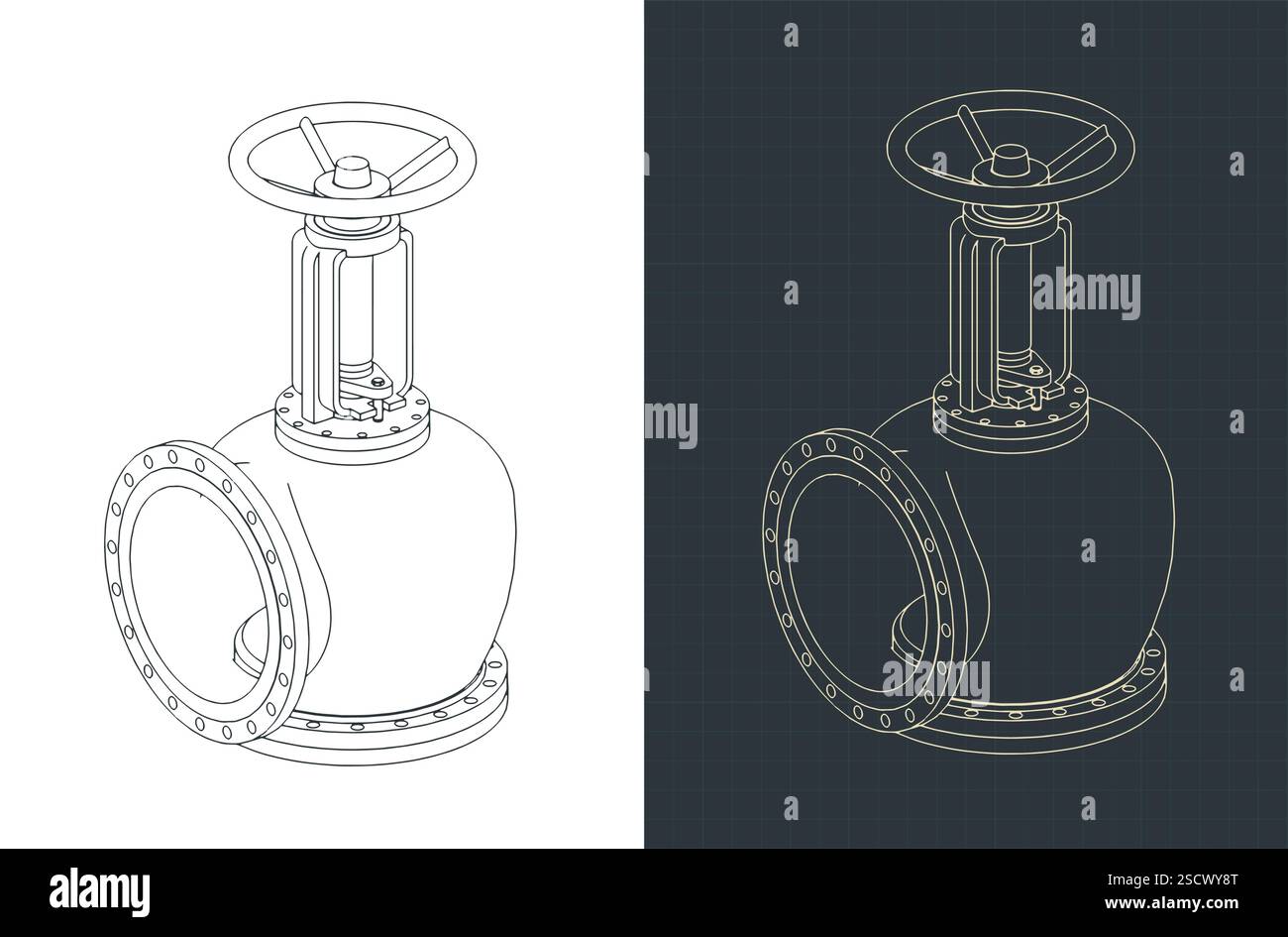 Flush valve 90 degree isometric blueprints illustrations Stock Vector ...