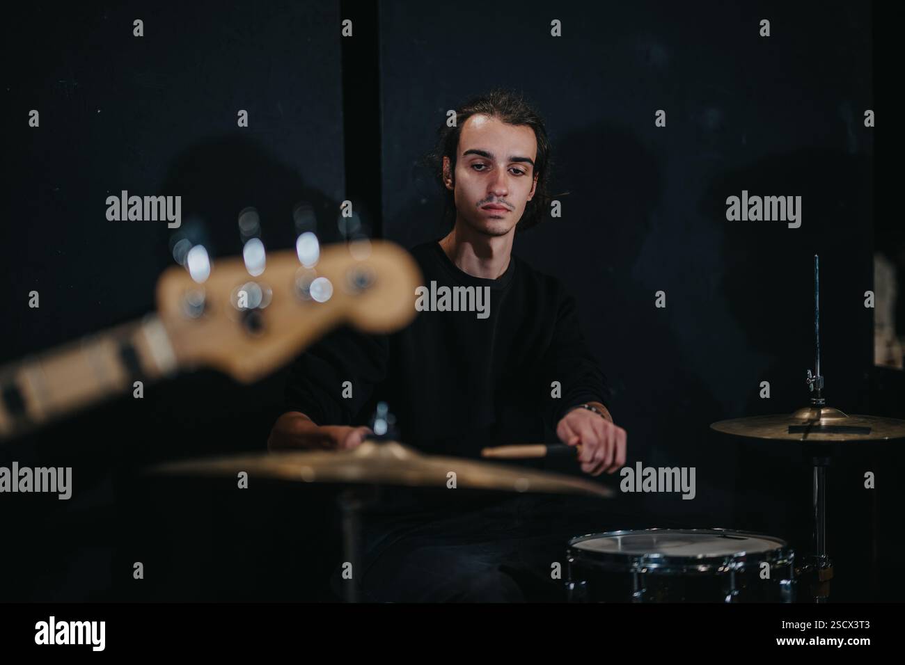 Drummer Focused in Band Rehearsal Preparing for a Live Musical Concert ...