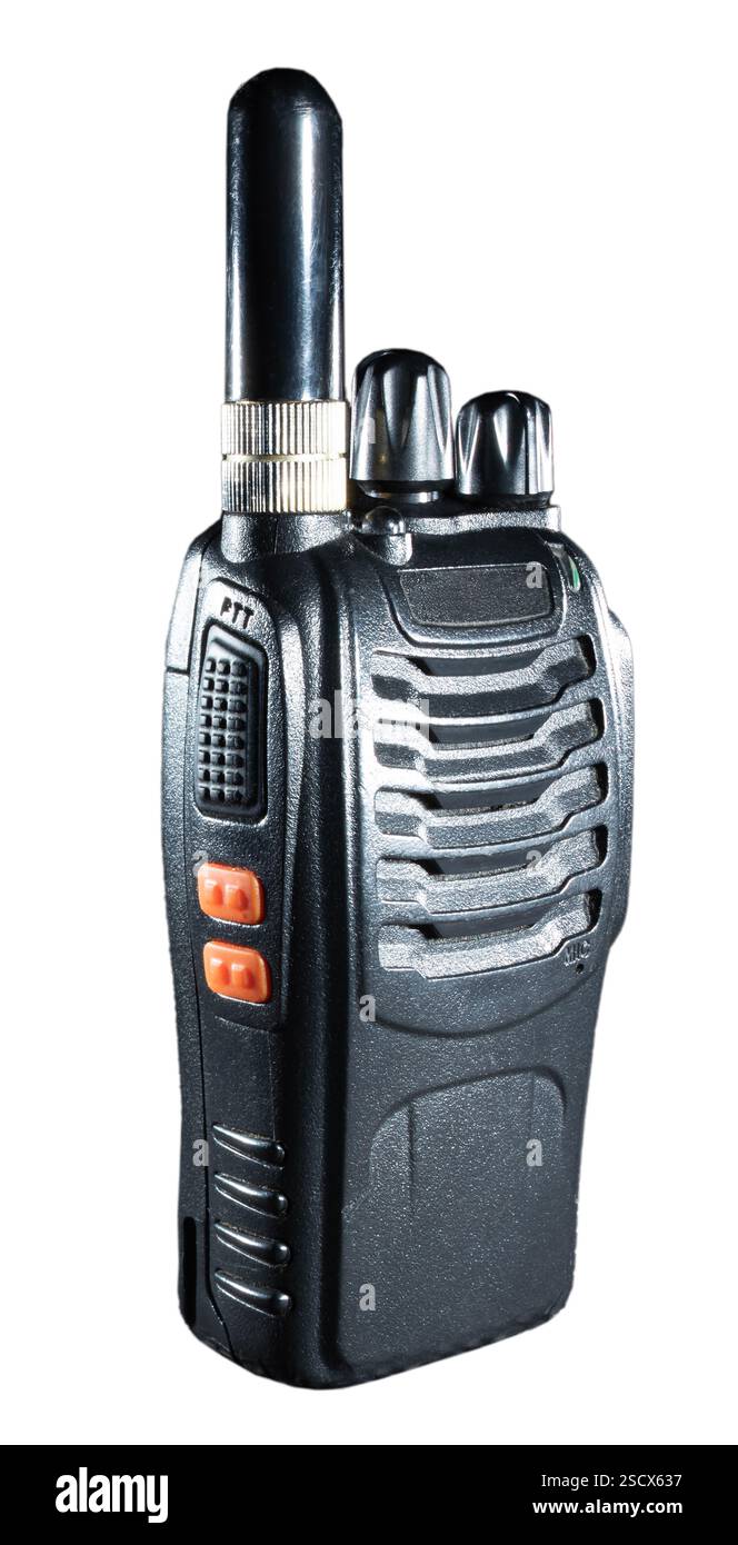 Real walkie-talkie that is black, with a short antenna and red push to ...