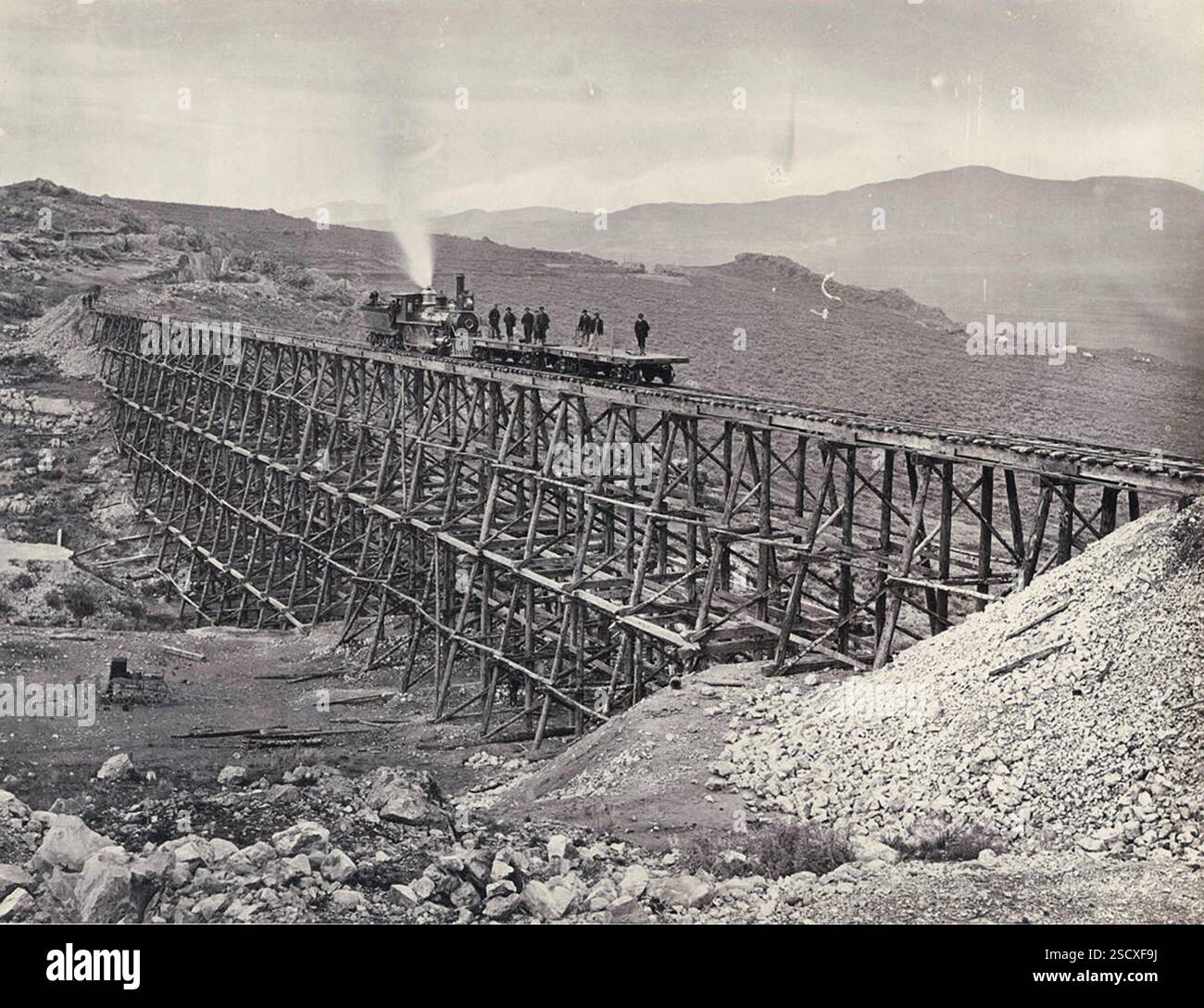 A trestle bridge at Promontory during the construction of the Union ...