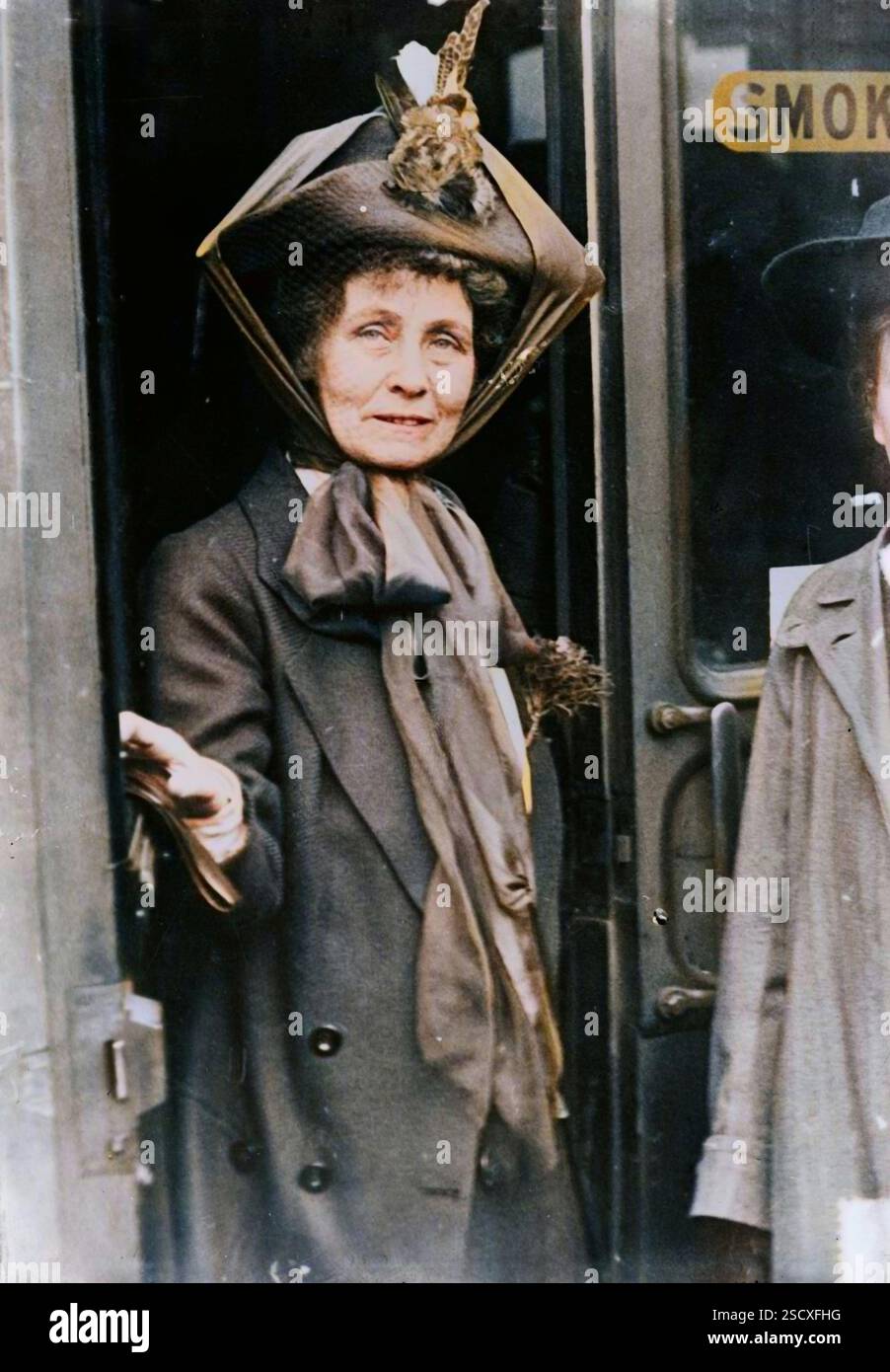 Mrs. Pankhurst in doorway, 1913. (Colorised black and white print Stock ...