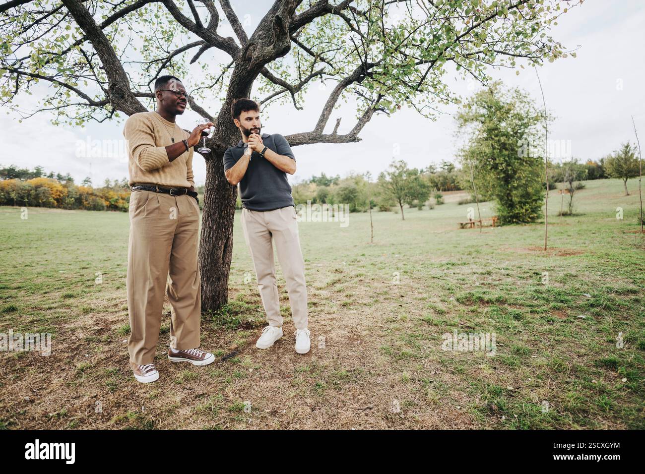 Two men enjoying wine and conversation under a tree Stock Photo - Alamy