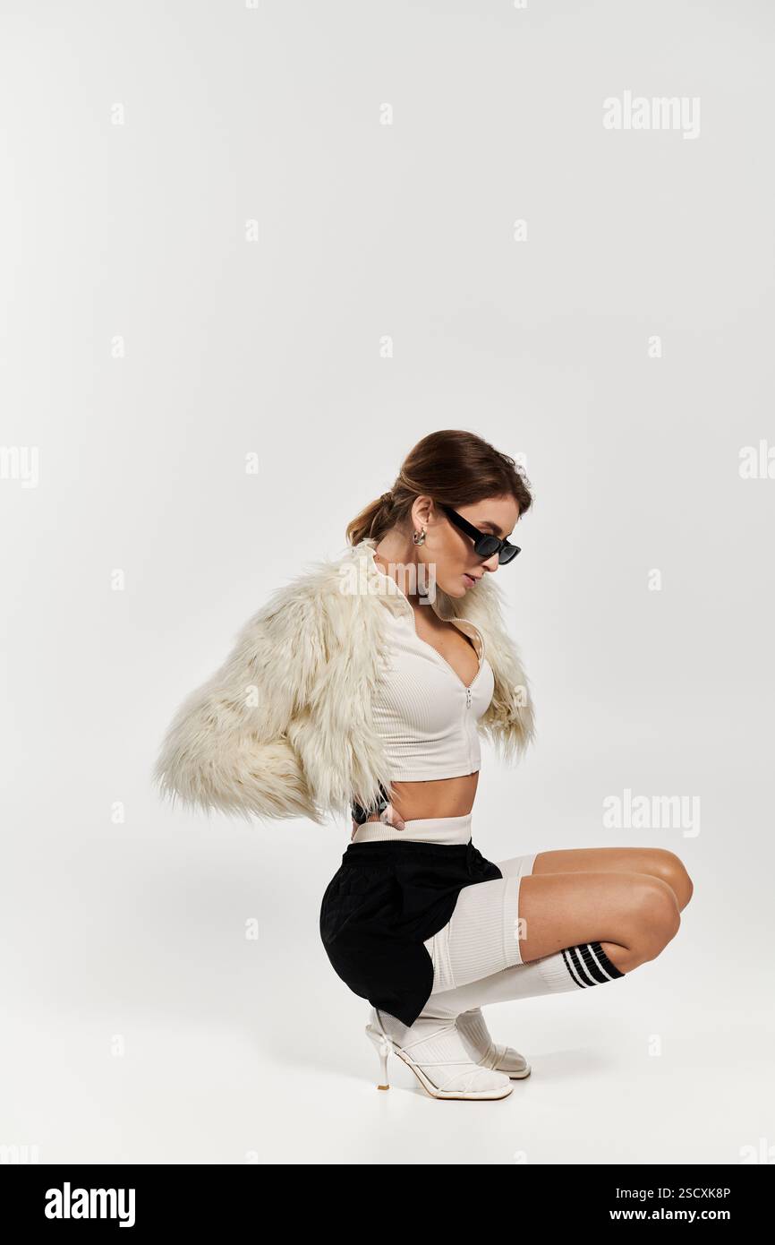 Chic young woman showcases trendy attire style with elegance and flair ...