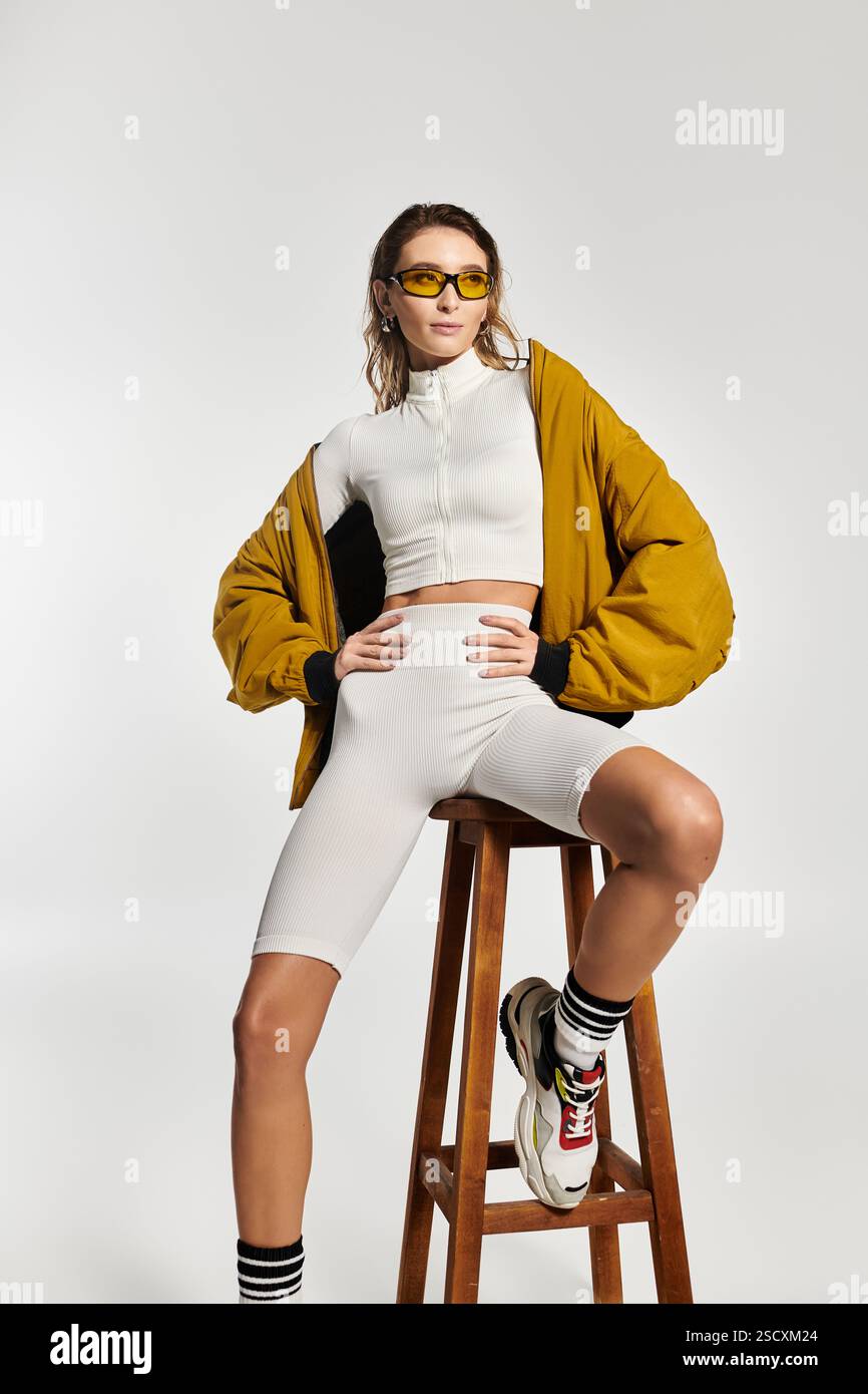 Embracing modern style in chic attire and trendy outerwear Stock Photo ...
