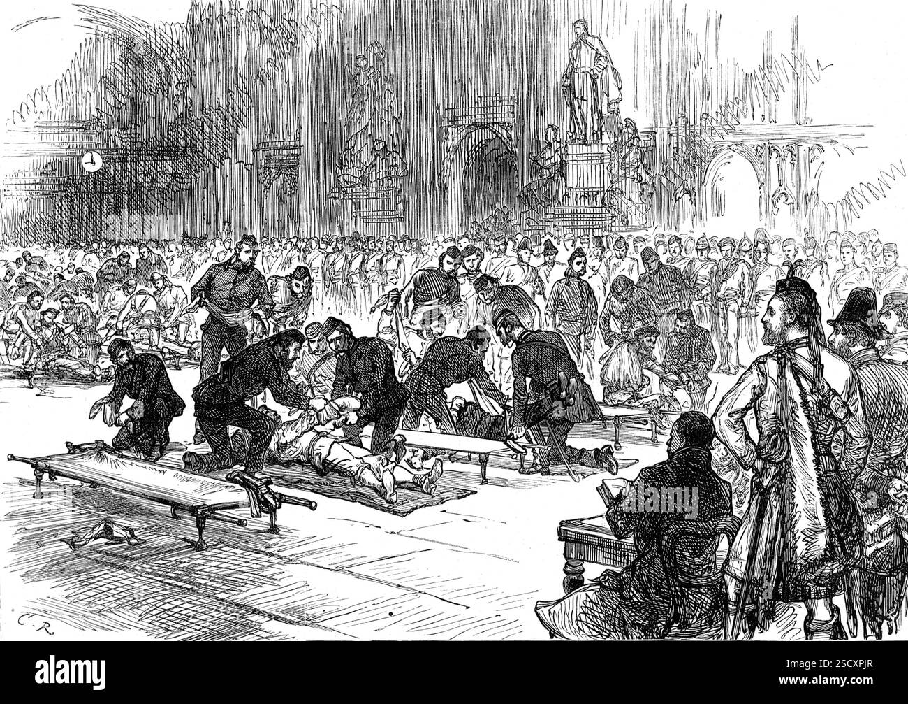 Drill of volunteer ambulance corps at Guildhall, [City of London], 1880 ...