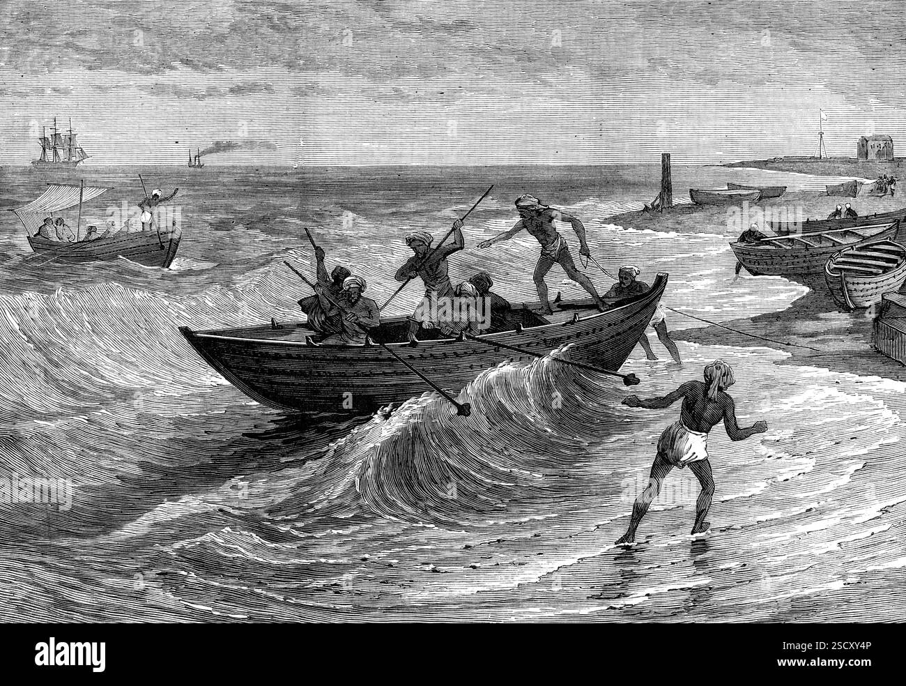 Massoolah boats, Madras, 1880. 'The peculiar kind of shore-boat, which ...