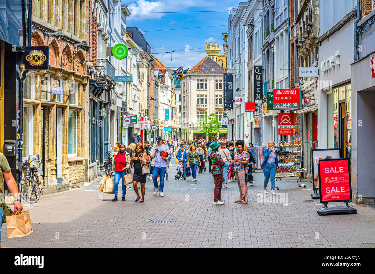 Ghent, Belgium, July 6, 2023: crowd of people tourists walking down ...