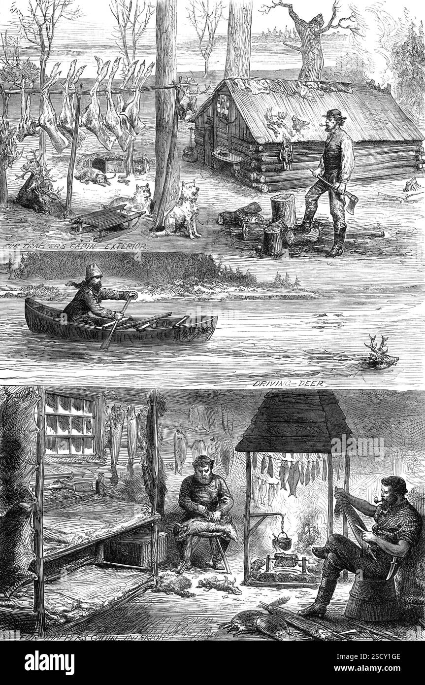 Fur trappers in the backwoods of Canada, 1880. 'Fur trappers' cabin ...