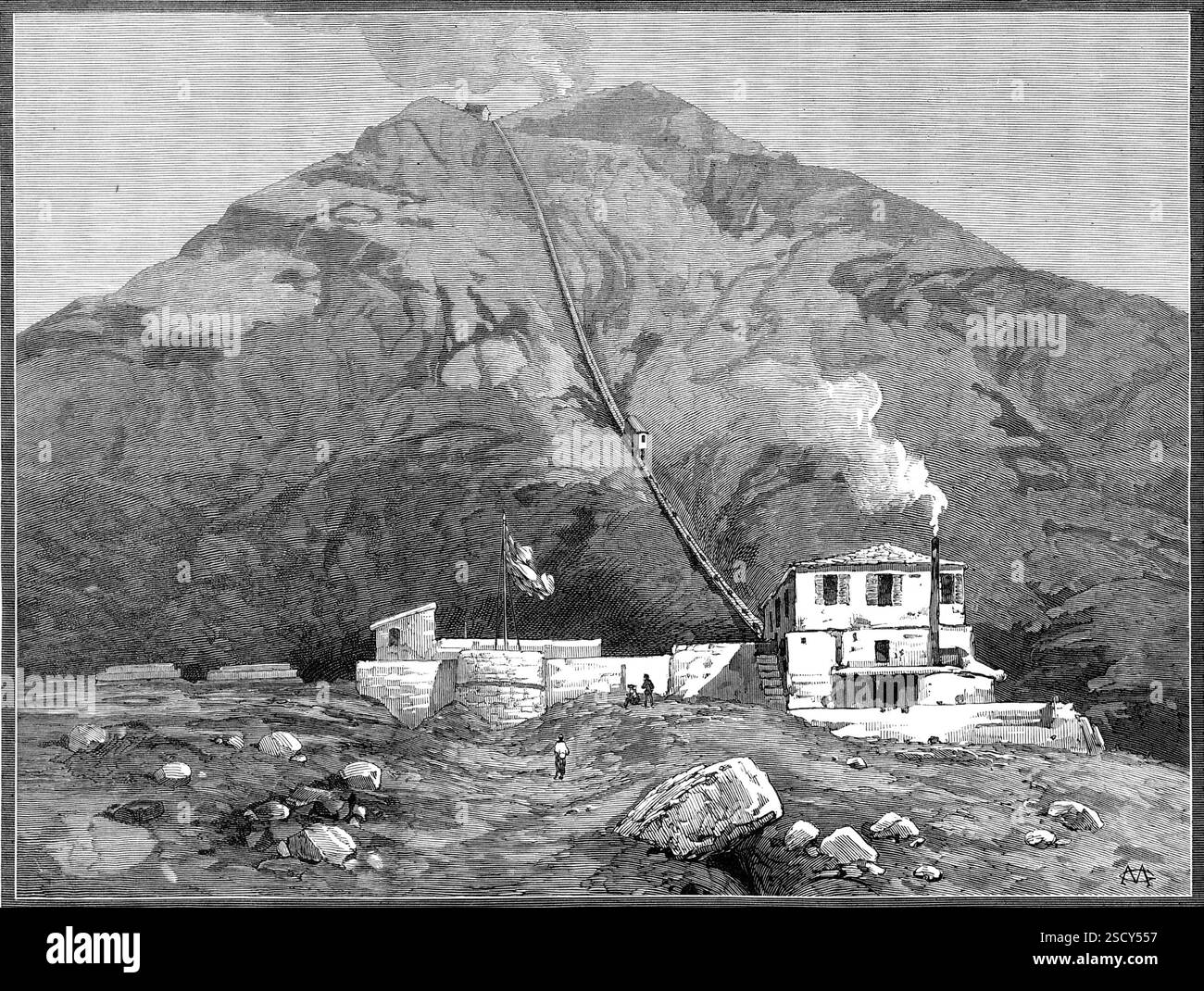 Opening of the railway to the top of Mount Vesuvius, 1880. 'Reservoirs ...