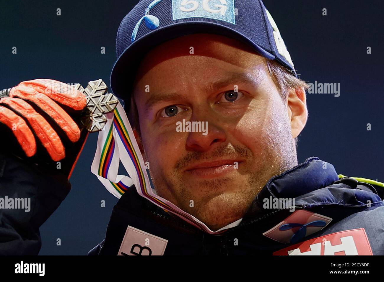Norway's Adrian Smiseth Sejersted shows his bronze medal for a men's Super-G, at the Alpine Ski ...