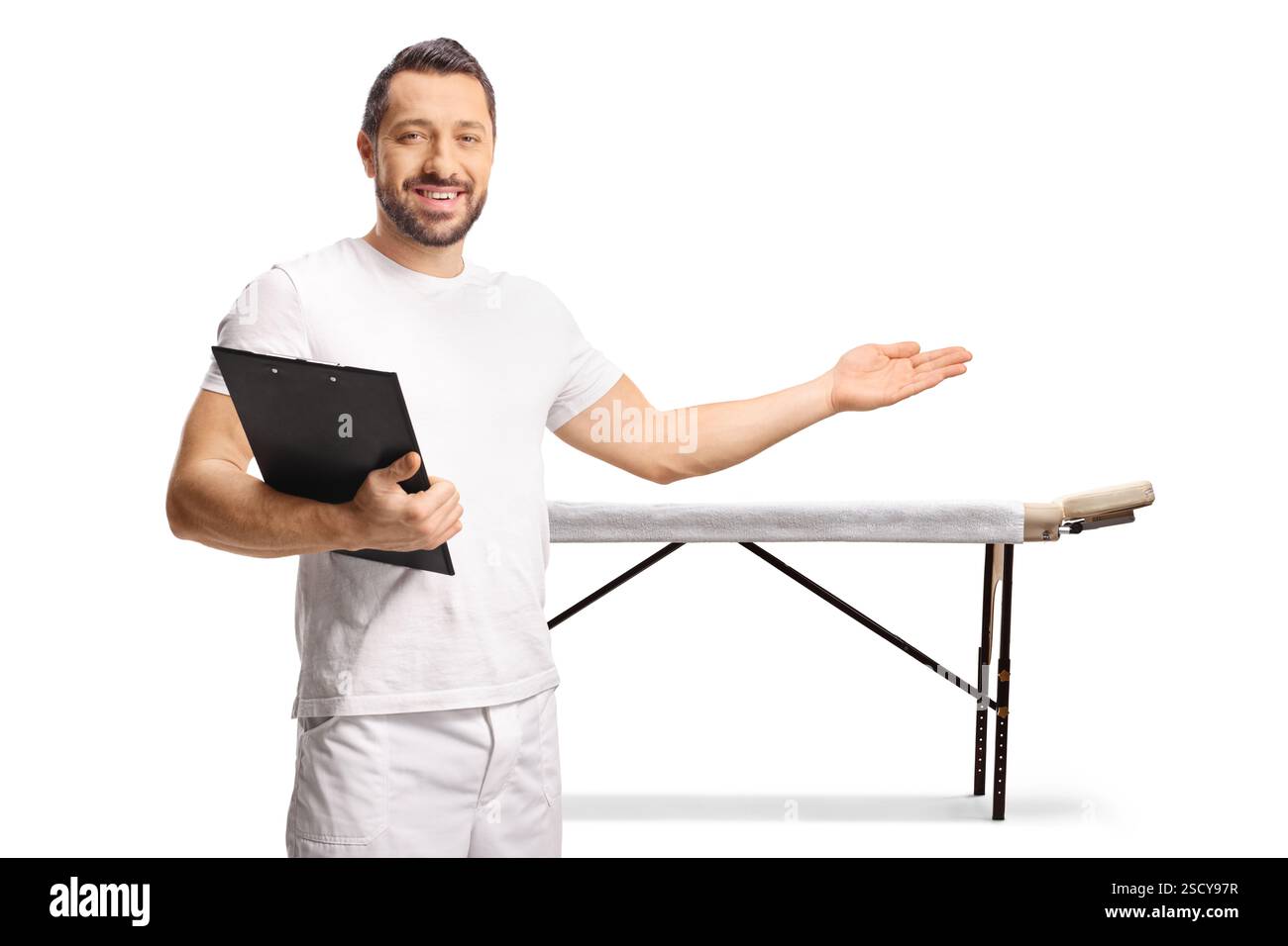 Massage therapist gesturing welcome at a massage center isolated on ...