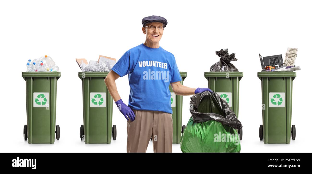 Elderly volunteer collecting recycling waste in a plastic bag isolated ...