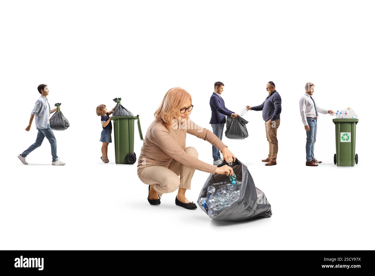 Woman picking up waste and people recycling plastic bottles isolated on ...