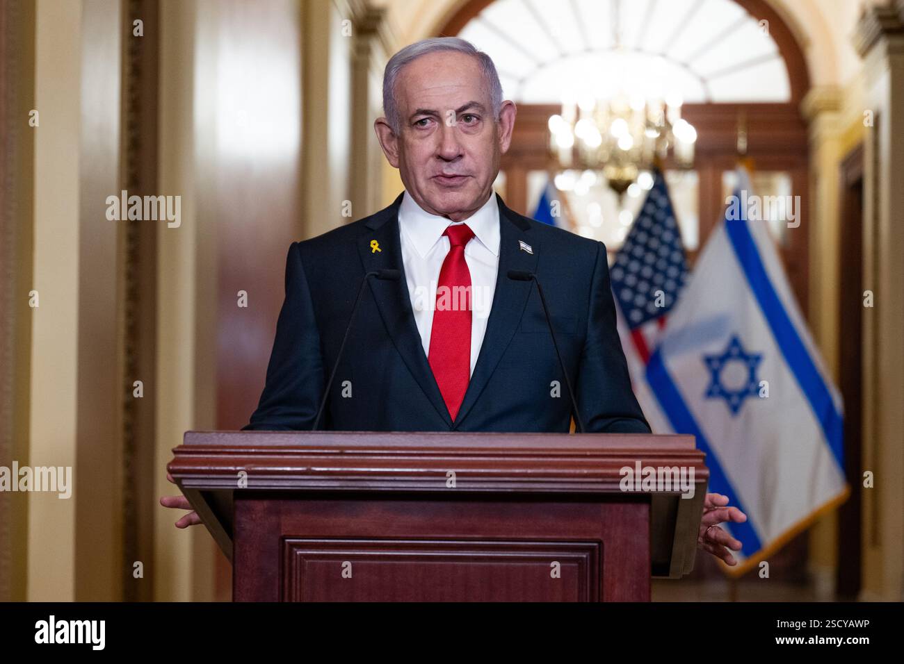 Washington, USA. 07th Feb, 2025. Prime Minister Benjamin Netanyahu of ...