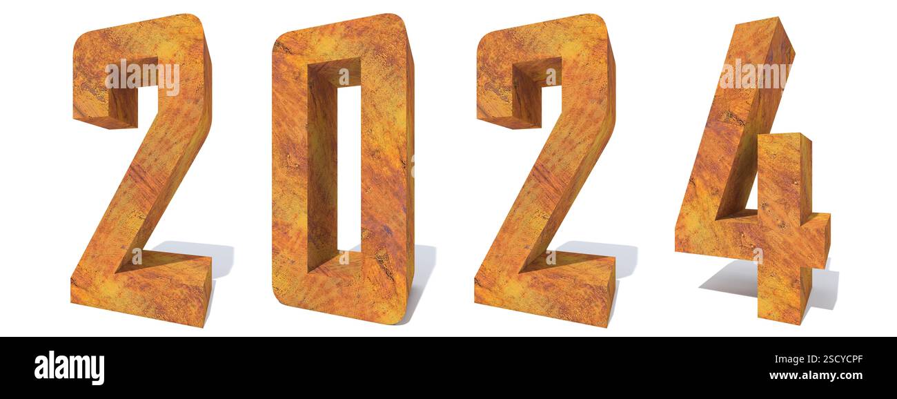 Concept or conceptual 2024 year made of old, rusted metal isolated on ...