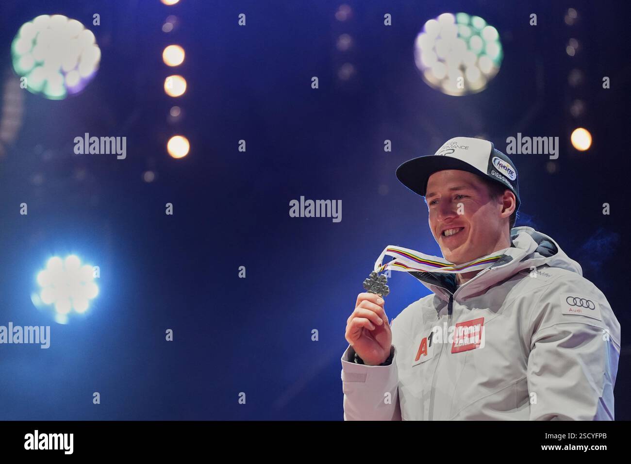 Austria's Raphael Haaser shows his silver medal in a men's Super-G, at ...