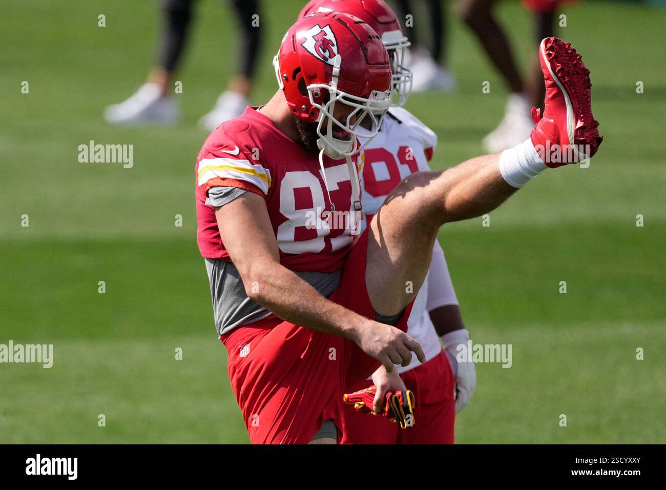 Kansas City Chiefs tight end Travis Kelce (87) stretches during an NFL ...