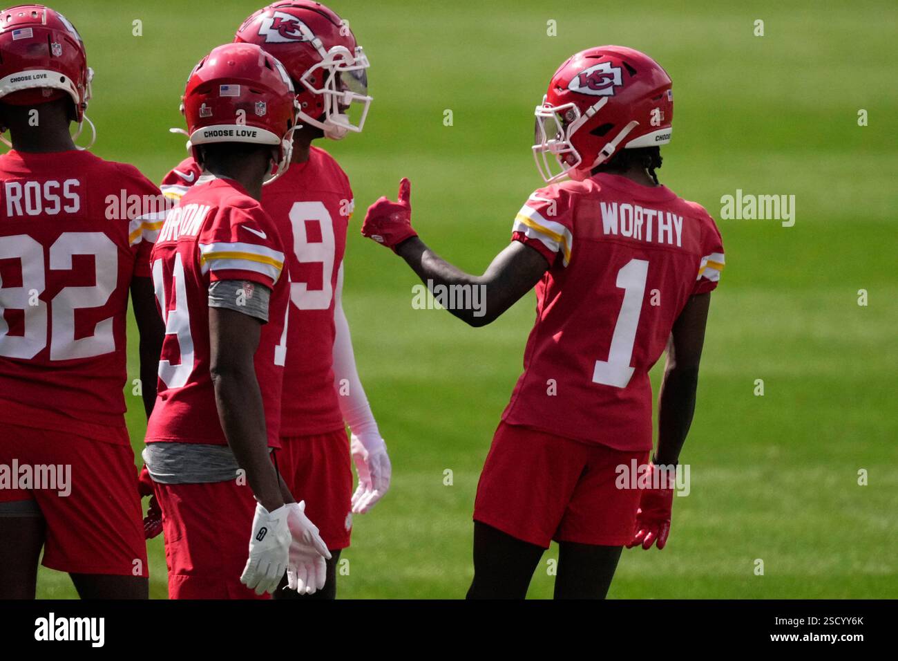 Kansas City Chiefs wide receiver Xavier Worthy (1) gives a thumbs up ...