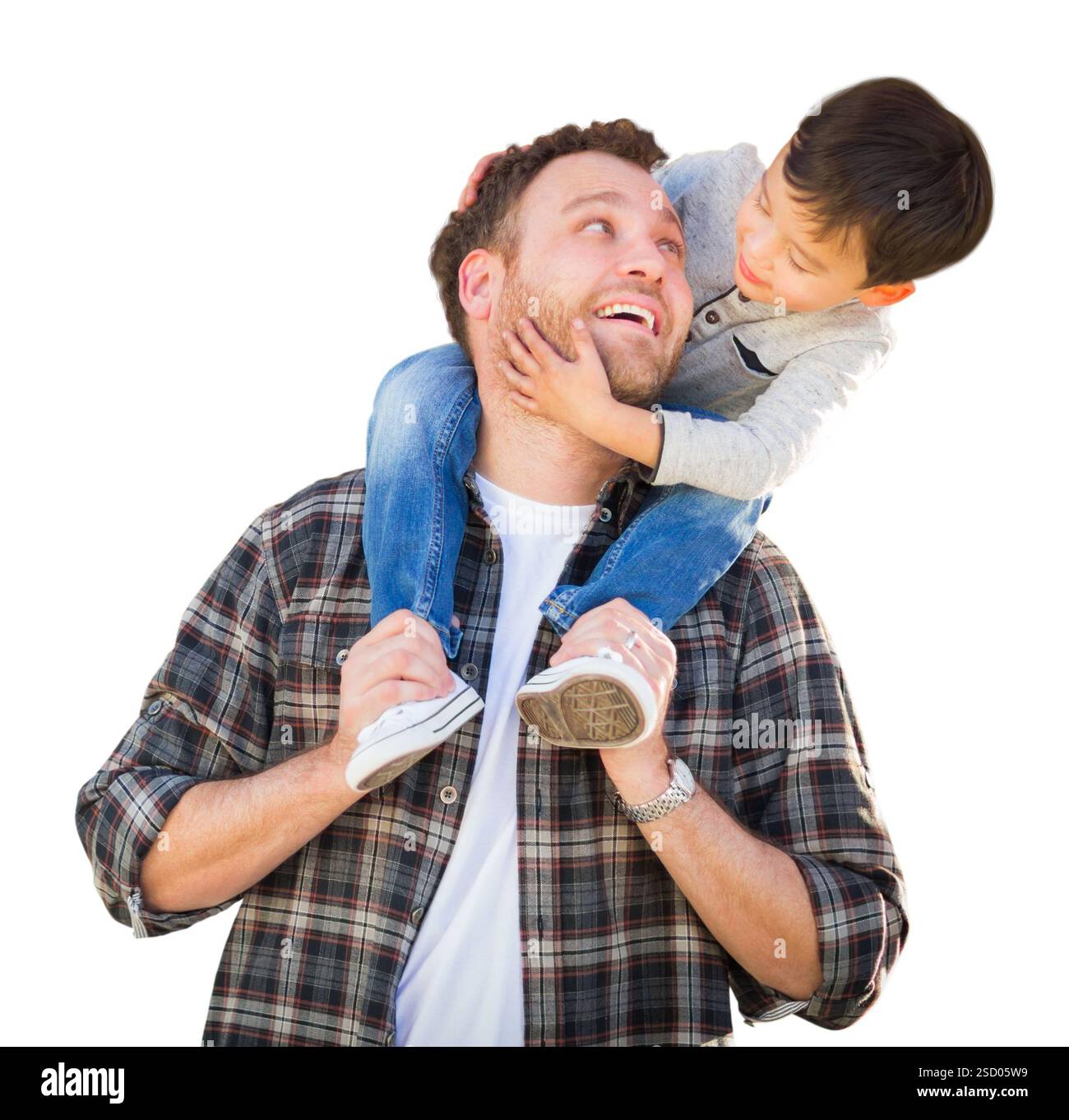 Happy Mixed Race Father and Son Riding Piggyback Isolated on a White ...