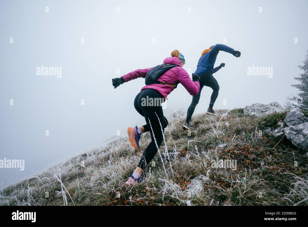 Trail running couple man and woman running on a mountain path Stock ...
