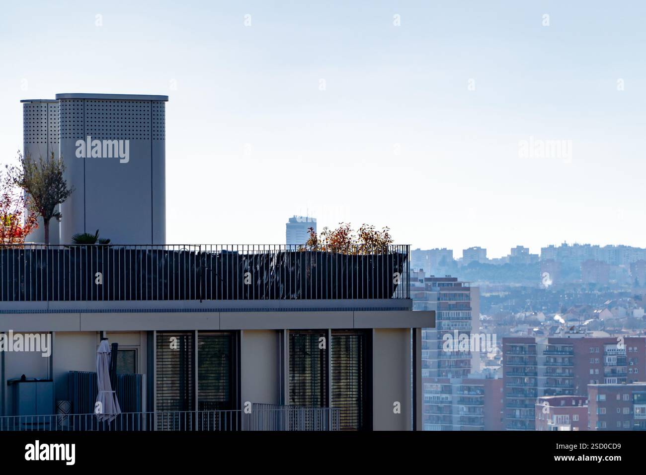 Skyline with panoramic views of Madrid city downtown and sustainable ...