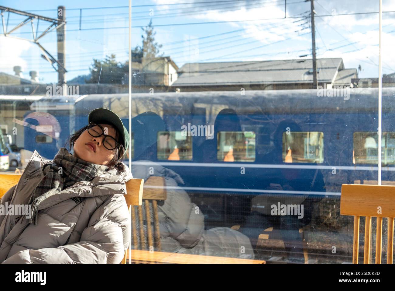Fujiyama, Japan - Jan 2nd 2025: Quiet moments between trains under a clear sky in rural Japan ...