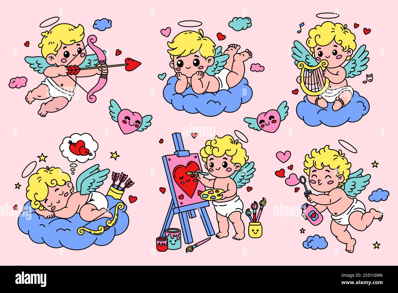 Vector set of colorful Cupid illustrations in a cute style. Perfect for Valentine's Day designs ...