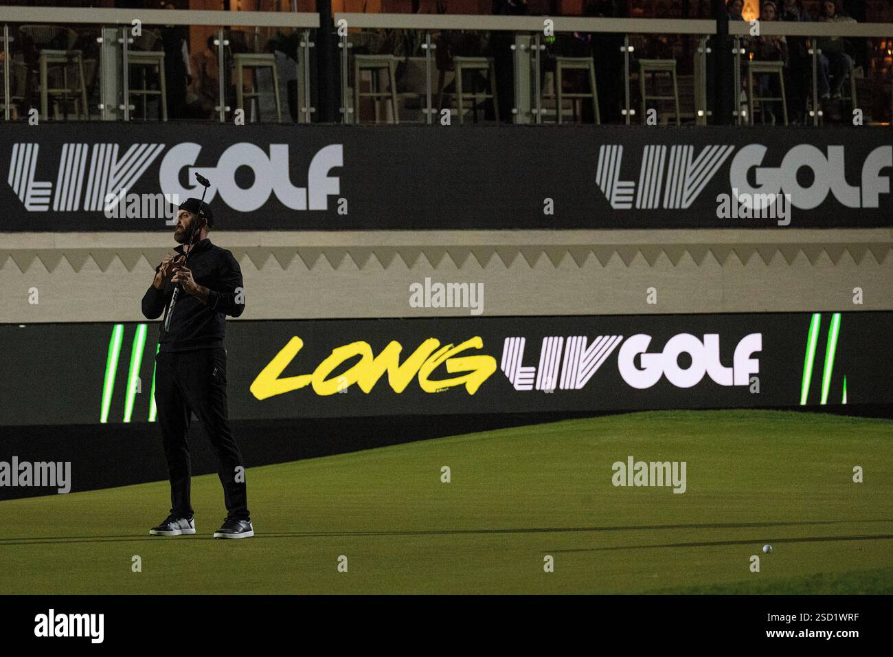 Captain Dustin Johnson of 4Aces GC reacts on the eighth green during ...