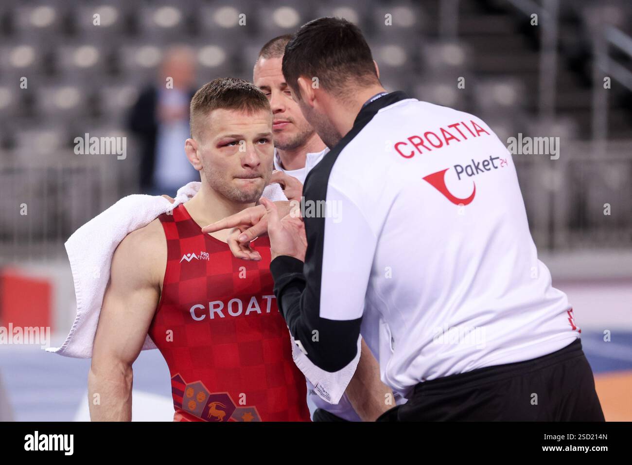 ZAGREB, CROATIA - FEBRUARY 7: Dominik Etlinger of Croatia during UWW ...