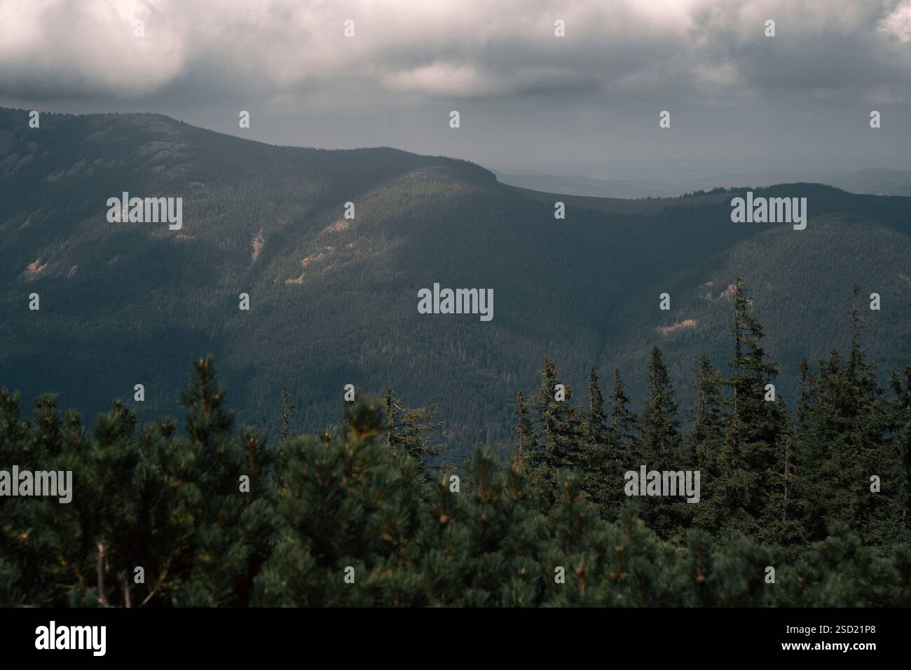 A sweeping view of rolling mountain ranges under a cloud-filled sky ...