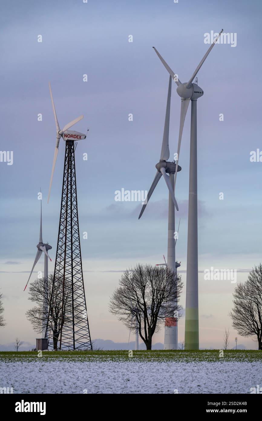 Old and newer wind turbines at the Lichtenau-Asseln wind farm, Nordex N27 lattice tower turbine ...